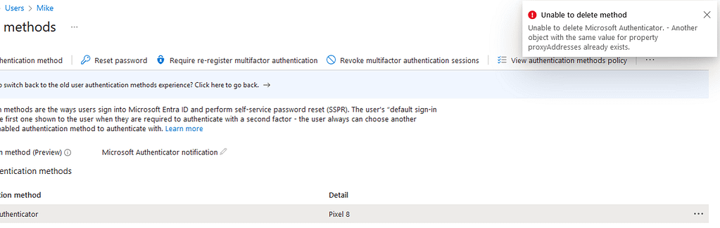 Unable To Delete Microsoft Authenticator Another Object With The