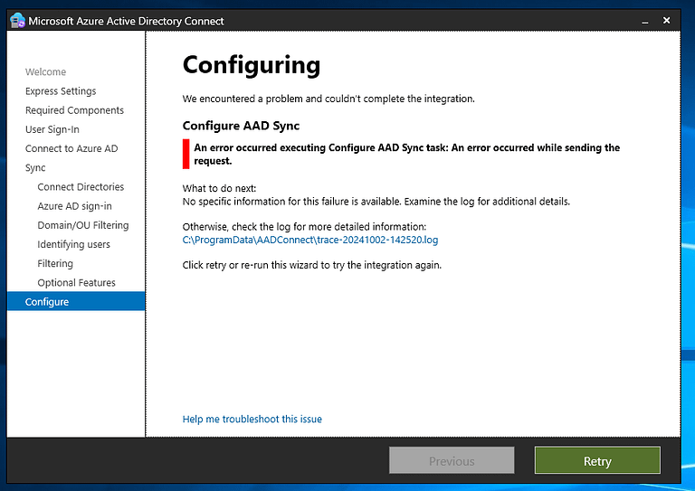 Fix An Error Occurred Executing Configure Aad Sync Task An Error
